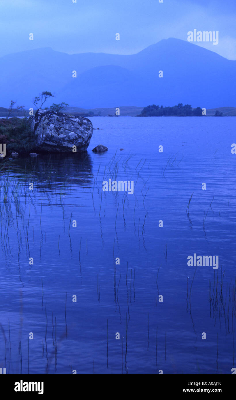 Rannoch Moor Scottish Highlands water and reeds with misty mountains in ...