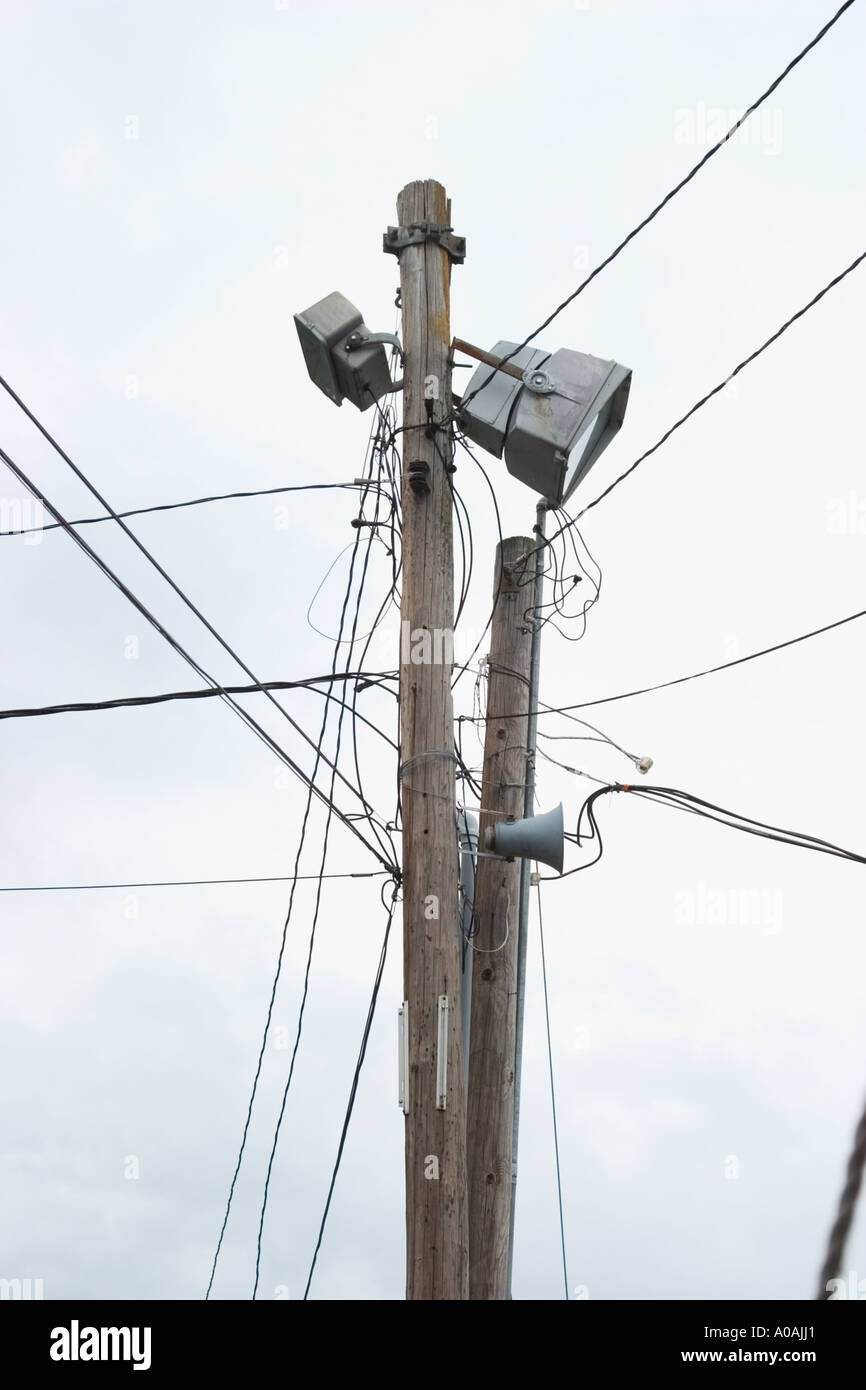 Two telephone poles with many electrical wires attached to them Stock ...