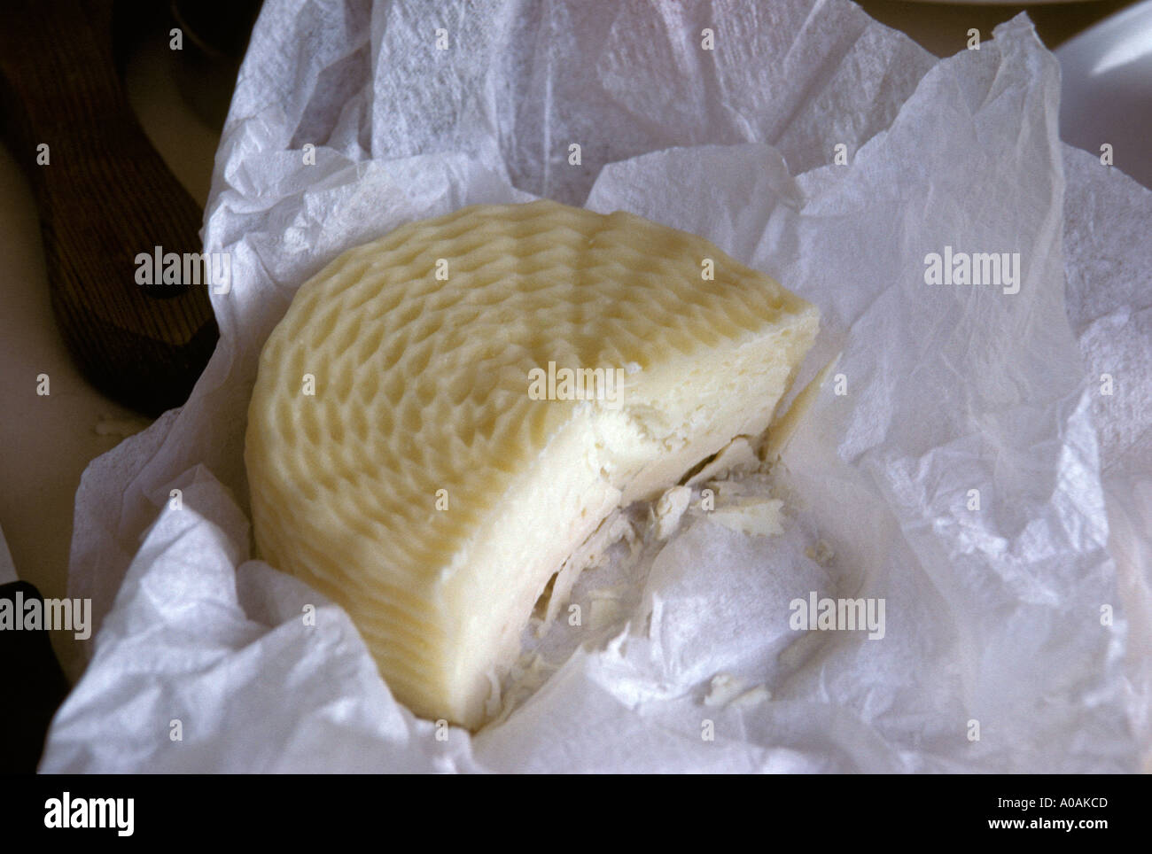 Locally made mild goat cheese of Lemnos Made in baskets which give it a ...