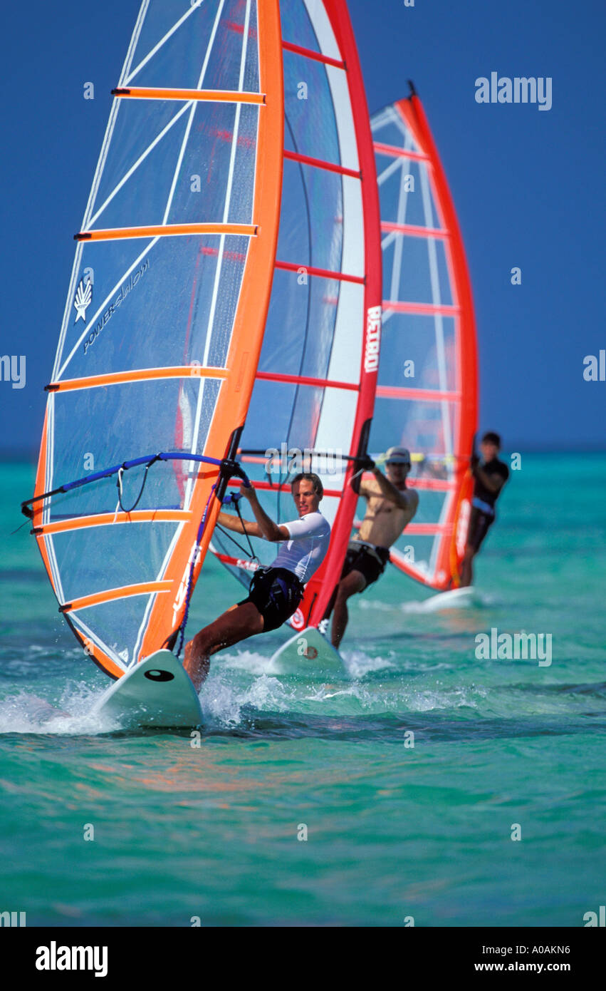 CARIBBEAN TRINIDAD TOBAGO Colorful wind surfers sailing on ocean blue ...
