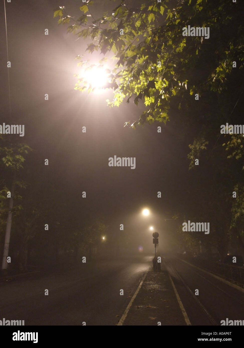 street in fog at night Stock Photo - Alamy