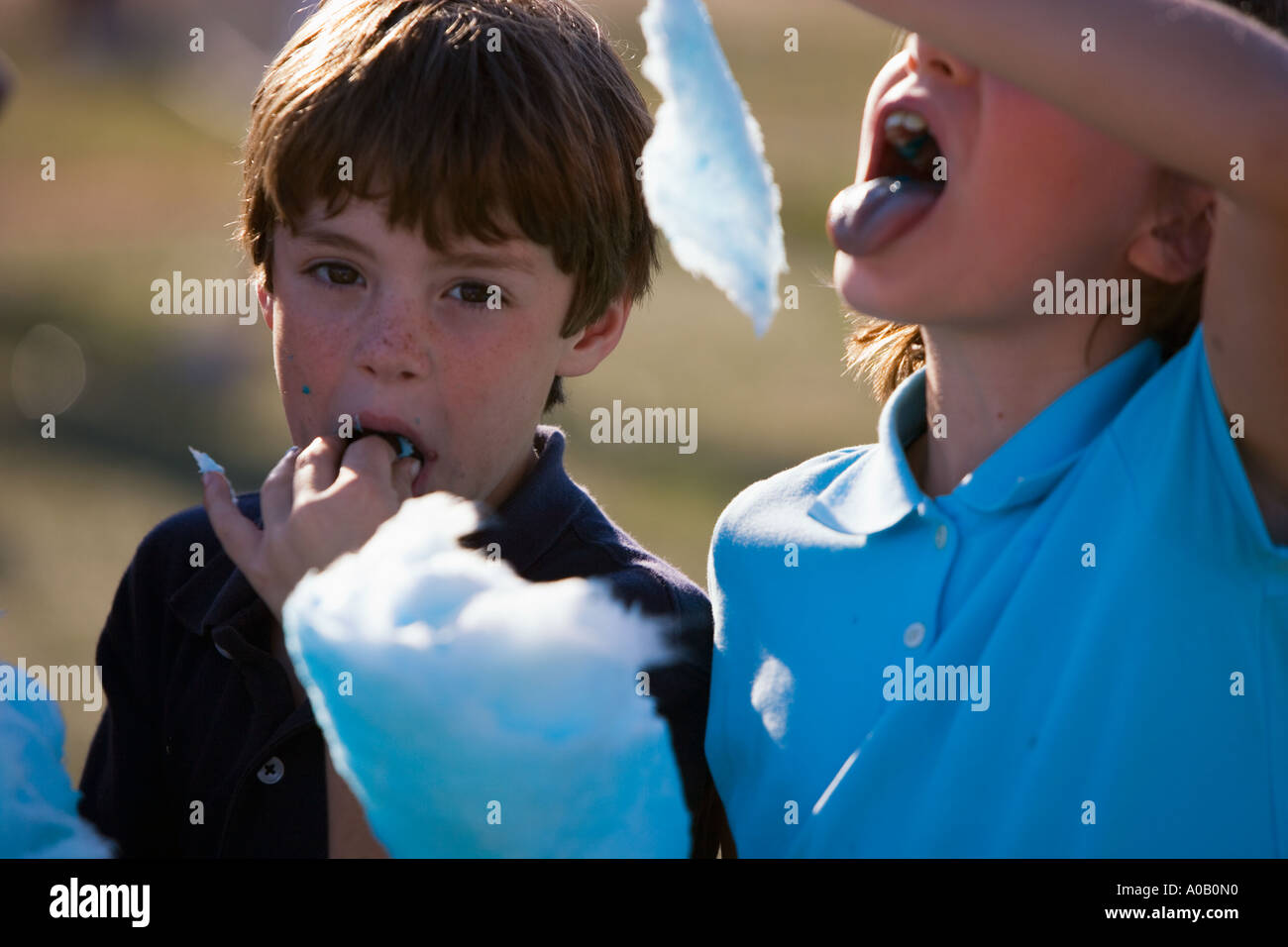 Siblings eating blue cotton candy Stock Photo - Alamy