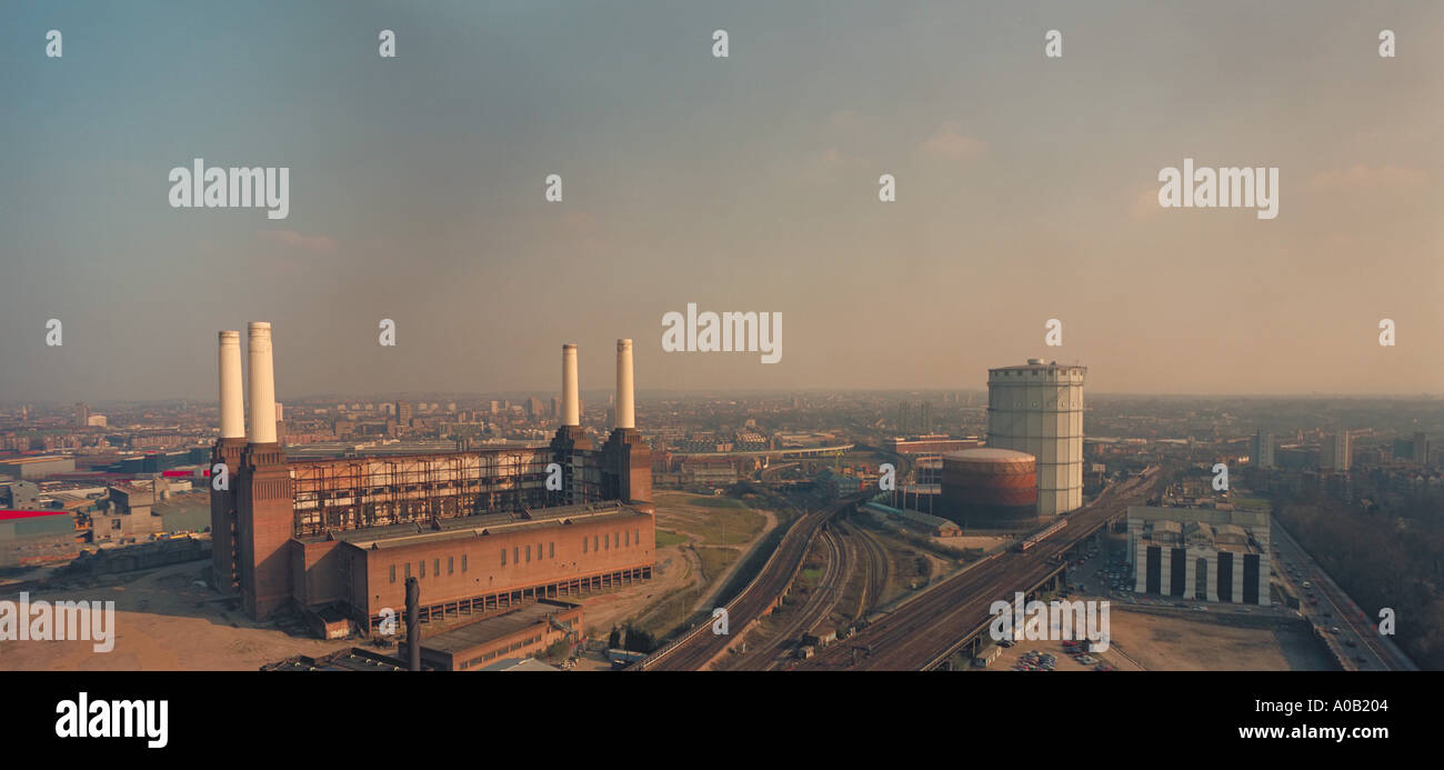 Aerial view of London with Battersea Power Station, railway line and ...