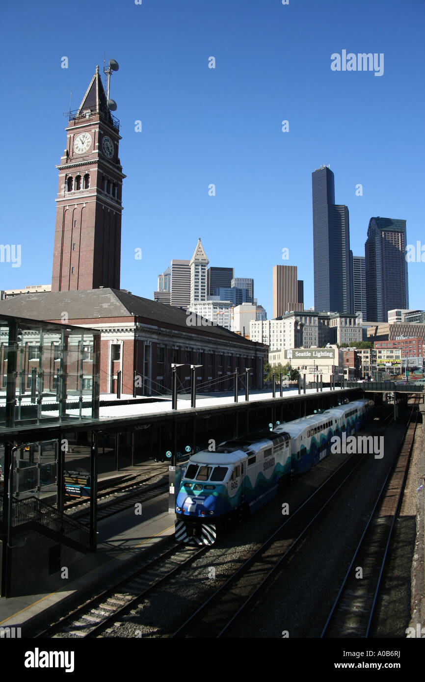 double decker commuter train at King street station with Seattle ...