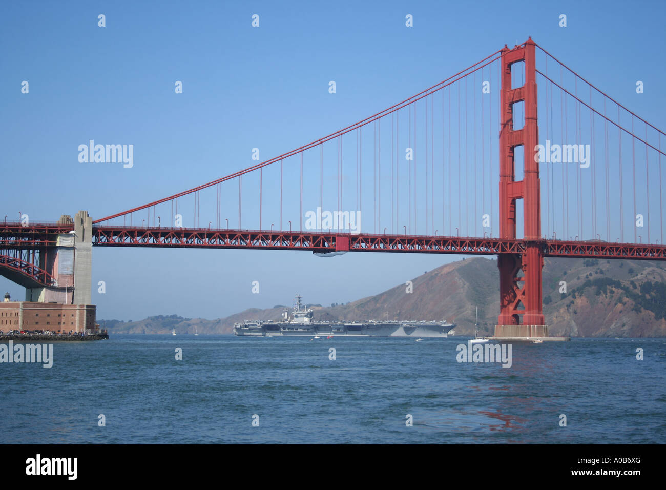American aircraft carrier naval vessel passing under Golden Gate Bridge ...