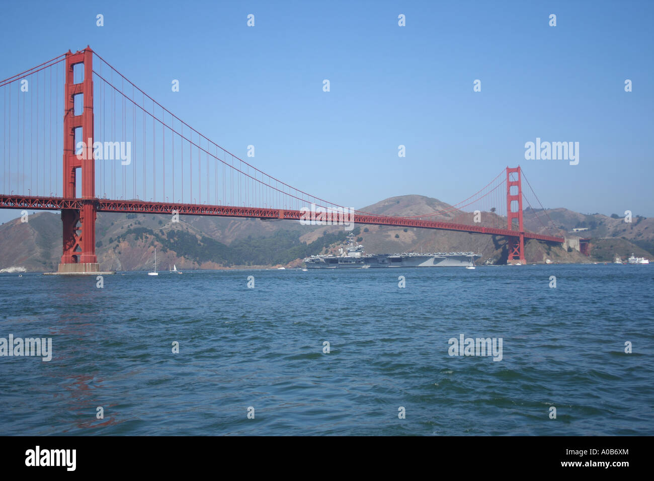 US Navy aircraft carrier USS Nimitz (CVN 68) passing under Golden Gate ...