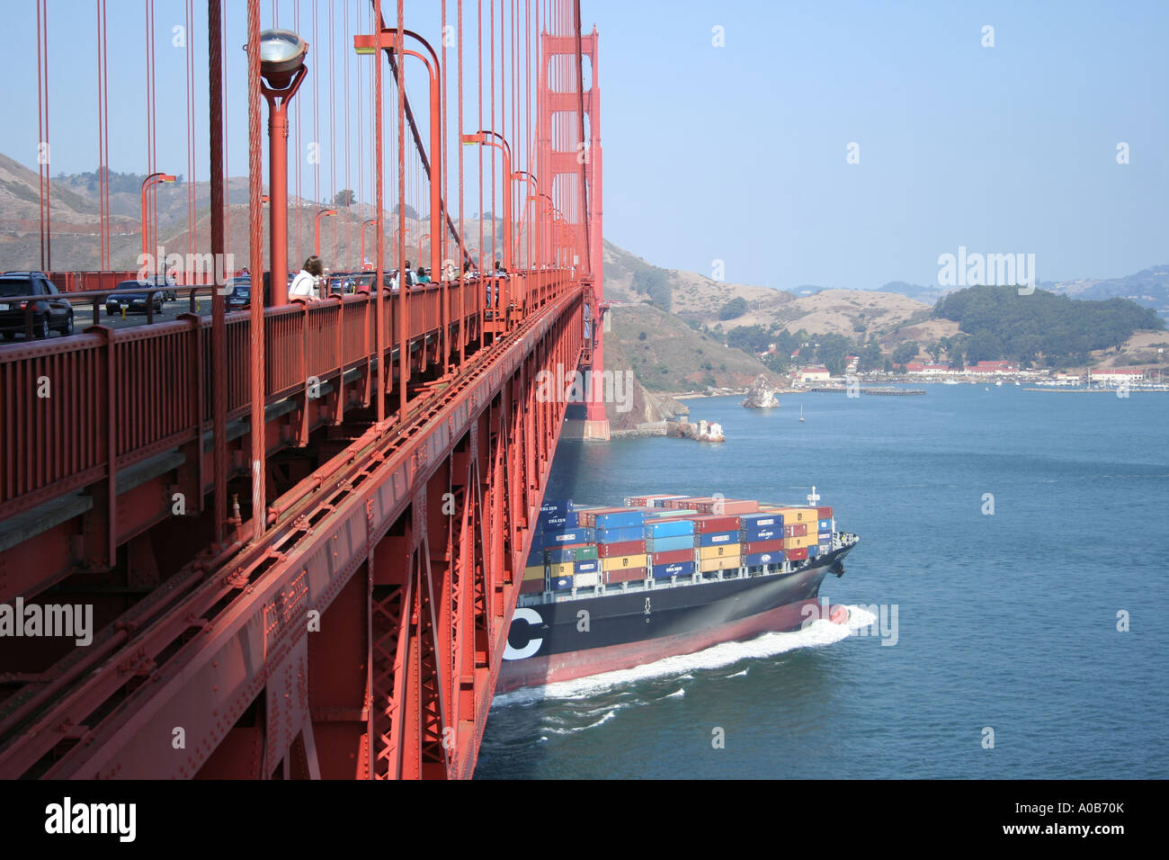 Container ship passing under golden gate bridge hi-res stock ...