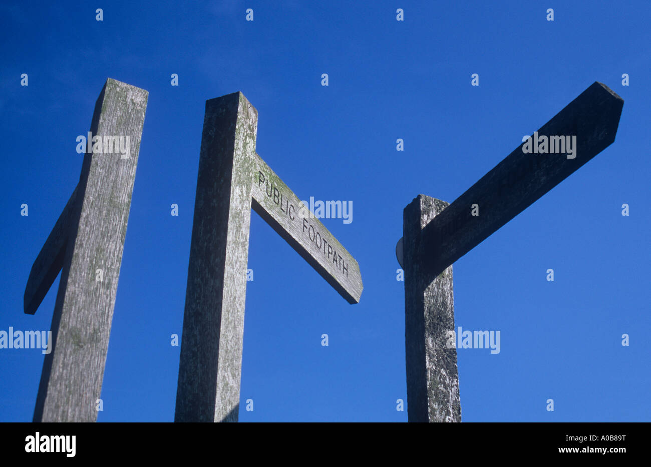 Three wooden fingerpost signs close together under clear blue sky ...