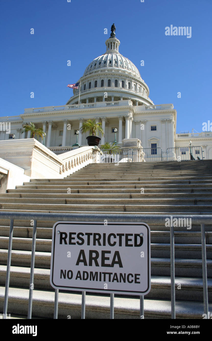Restricted area sign on steps of capitol building Washington DC October ...