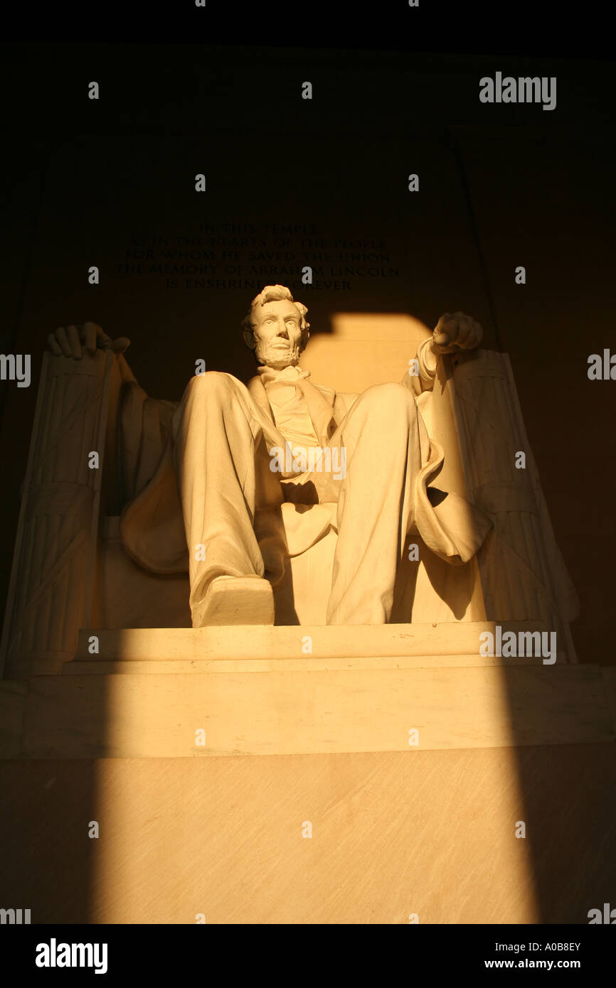 front view of Statue of Abraham Lincoln at dawn inside Lincoln memorial ...