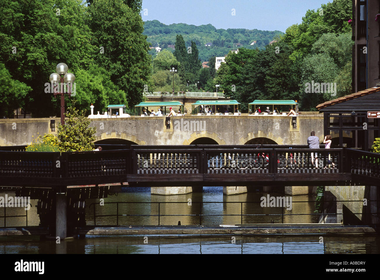 Tourist train on bridge across river Mosel. Metz, Lorraine France Stock ...