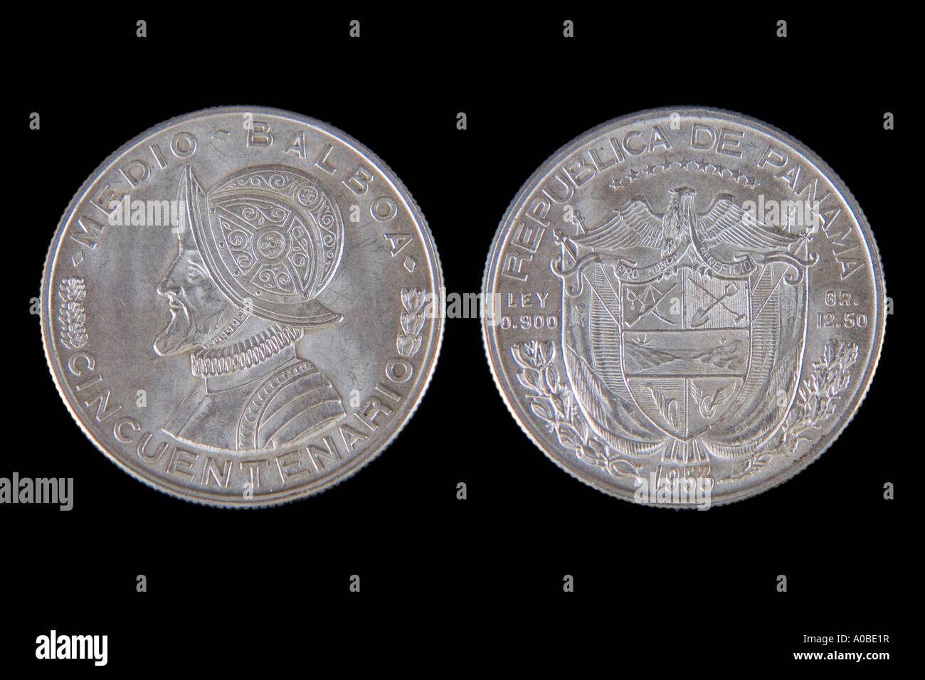 Panamanian coin. Silver Medio Balboa, half Balboa coin; Coined to ...