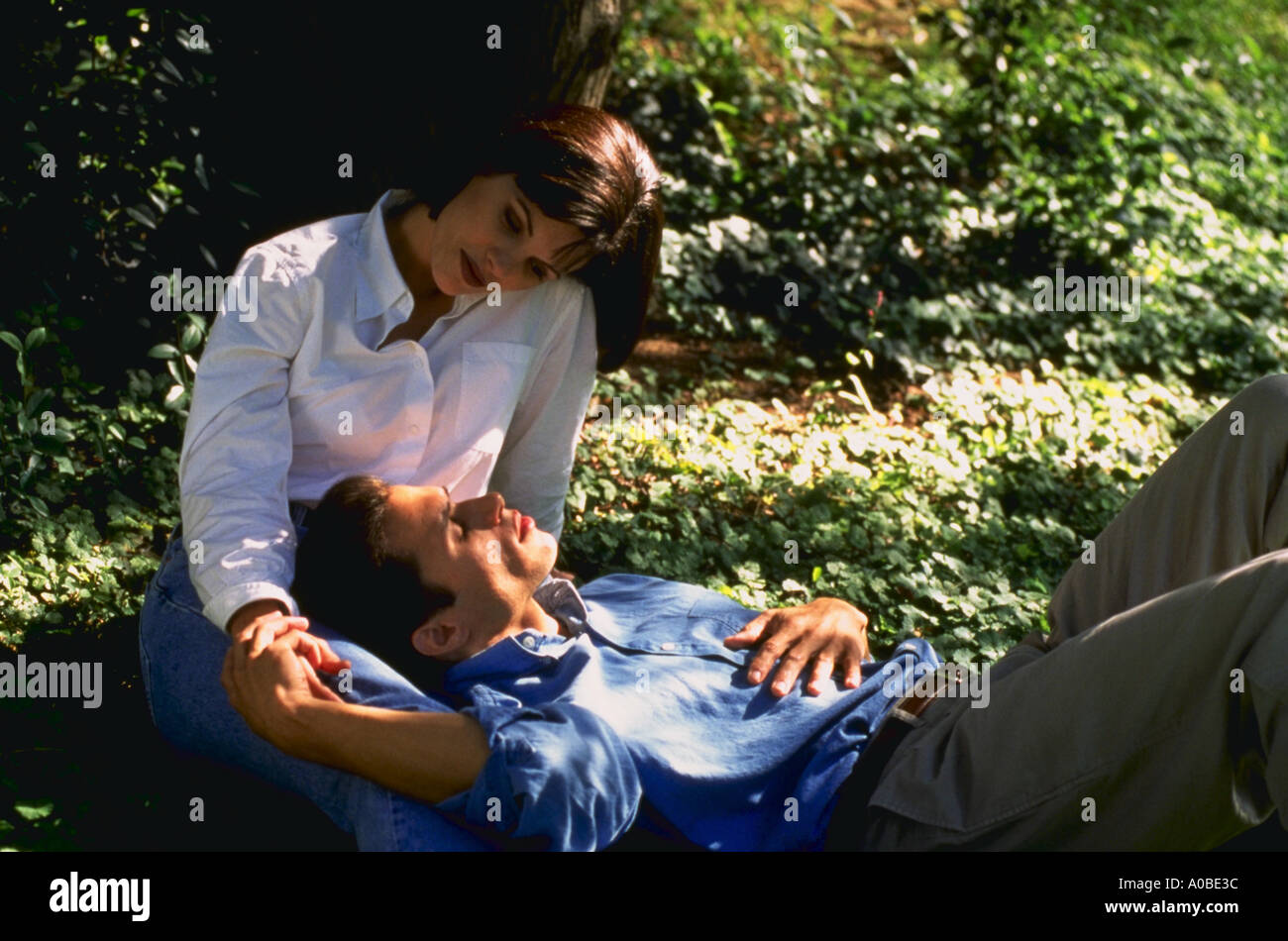 Man resting his head on a woman lap while sitting beneath a tree Stock ...