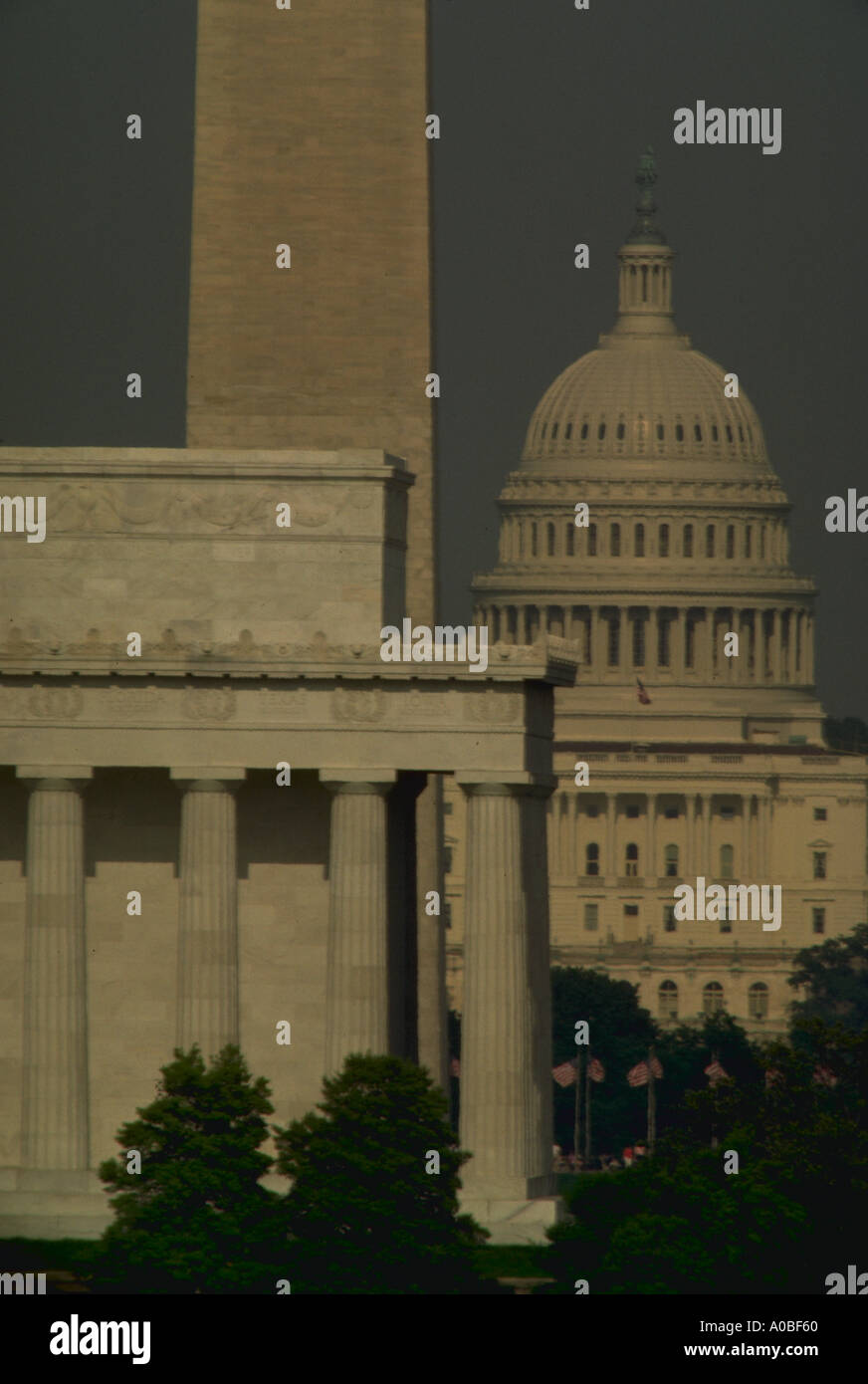 Three monuments in line Lincoln Memorial Washington Monument and the U ...