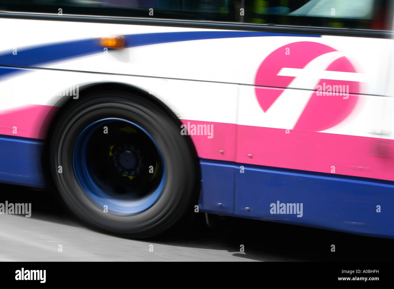 Blur os a moving wheel on a bus in First Group livery Sheffield ...