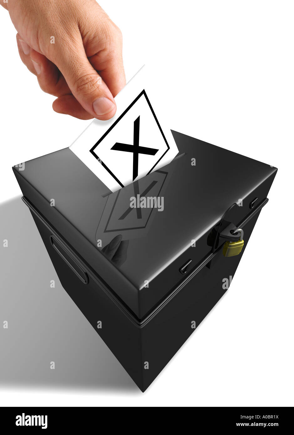 Traditional black ballot box with male hand placing X voting slip in ...