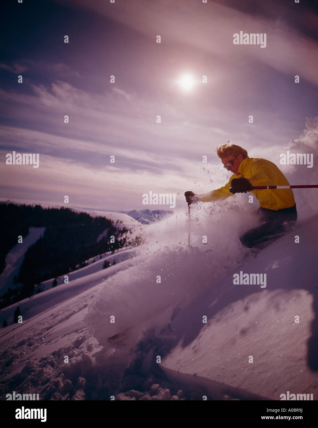 Deep powder skier throws snow into the air as he carves turns Stock ...