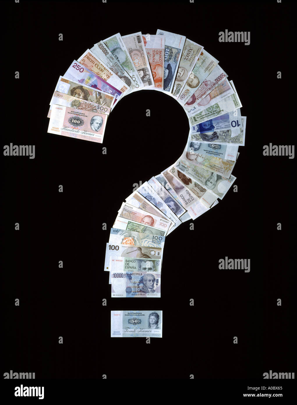 QUESTION MARK MADE WITH FORMER EUROPEAN CURRENCIES AND DANISH CROWN AND ...