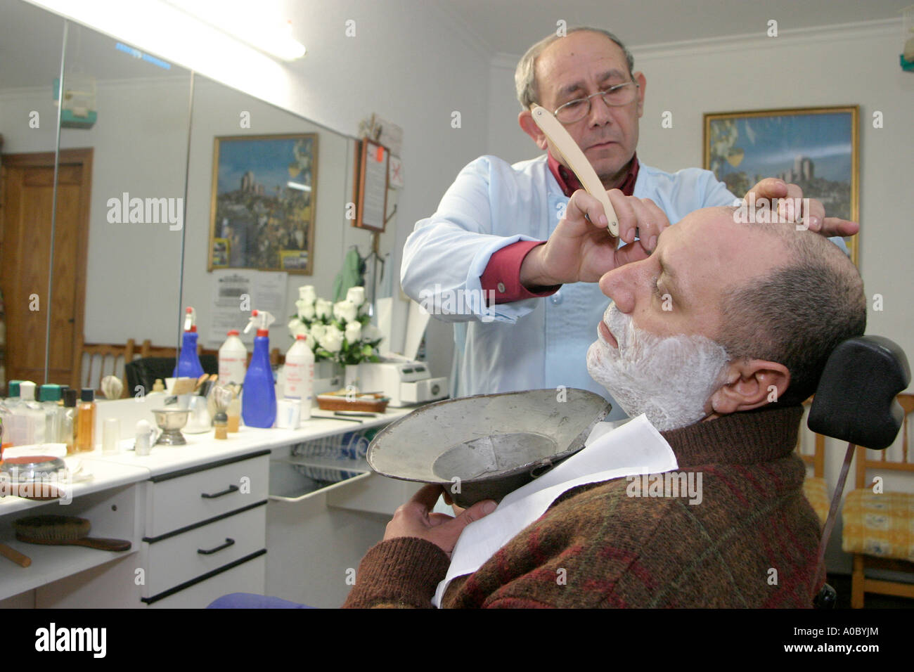 Traditional shaving in a Hairdresser Shop in Velez Blanco, Andalusia ...
