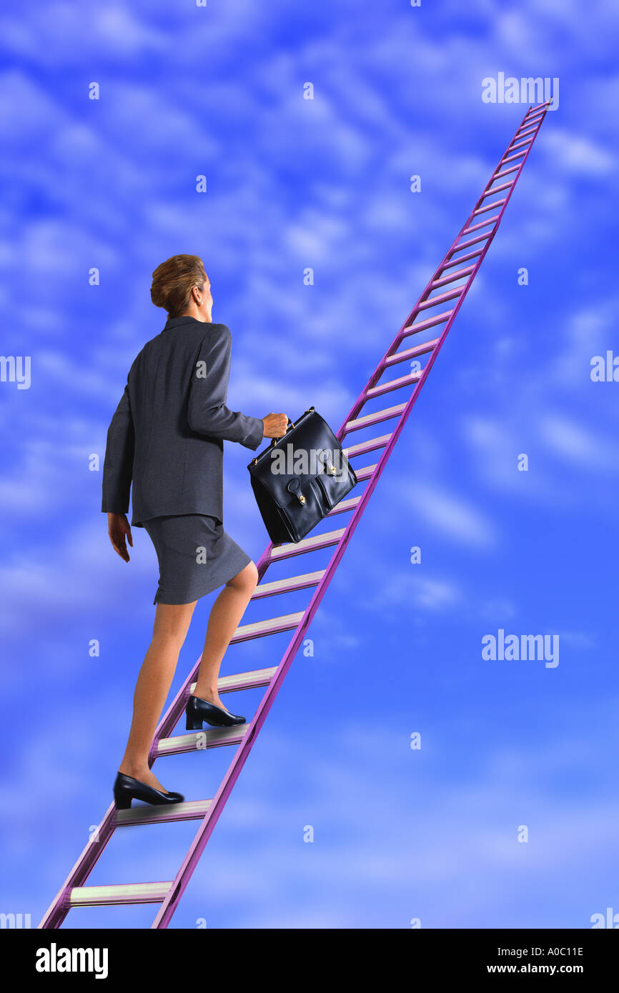 Businesswoman climbing ladder to sky Stock Photo - Alamy Businesswoman climbing ladder to sky Stock Photo - Alamy