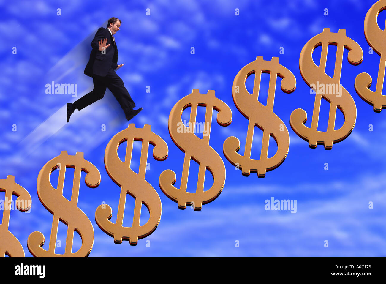 Businessman racing up steps of money Stock Photo - Alamy