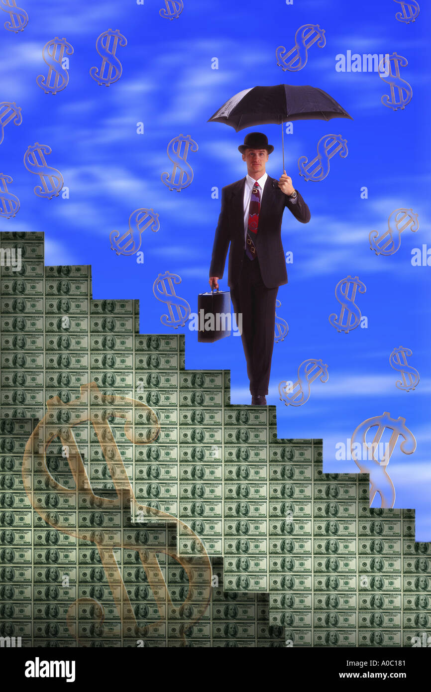 Businessman standing on steps of money Stock Photo - Alamy
