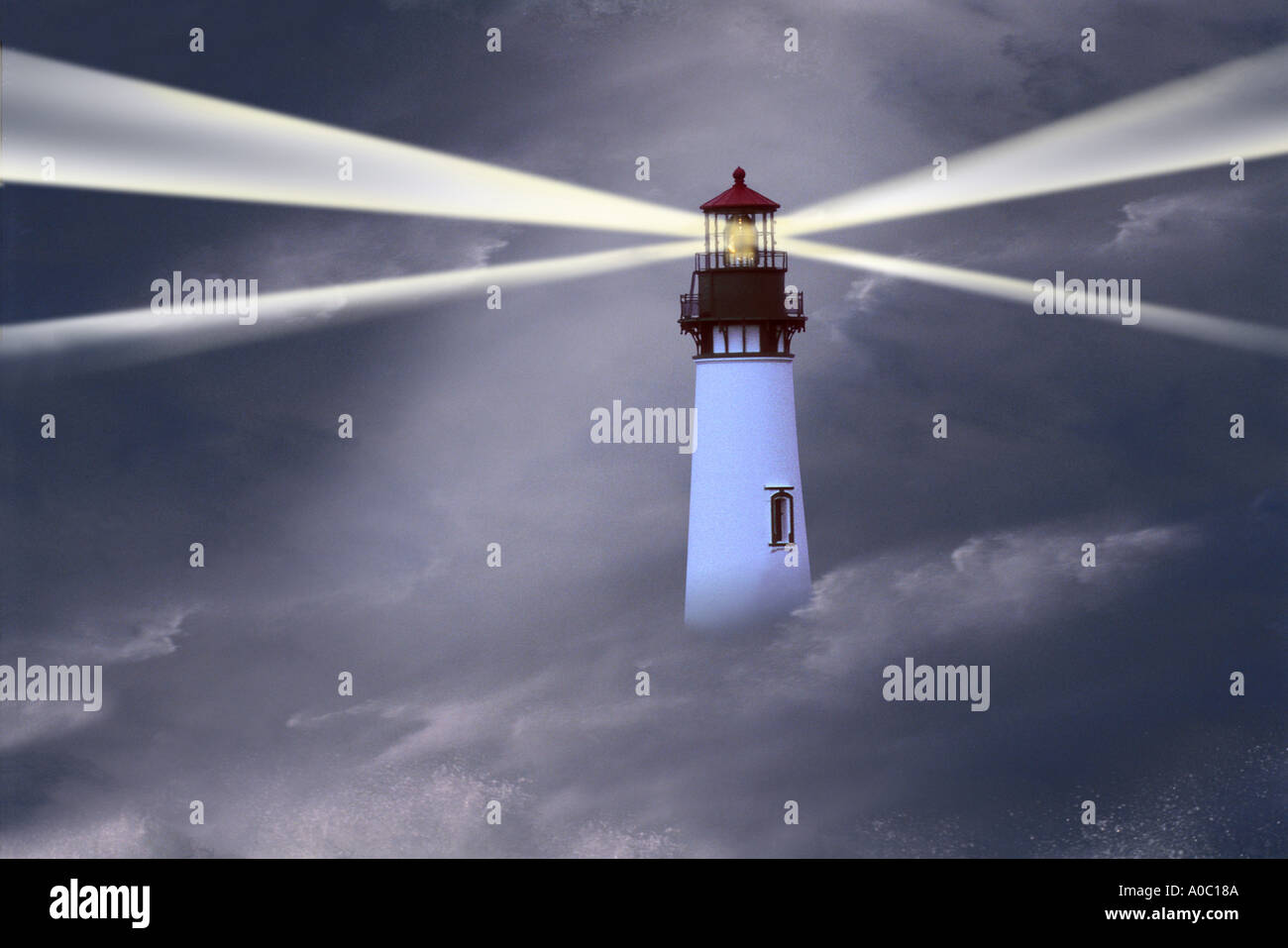 Lighthouse in storm with beams Stock Photo - Alamy
