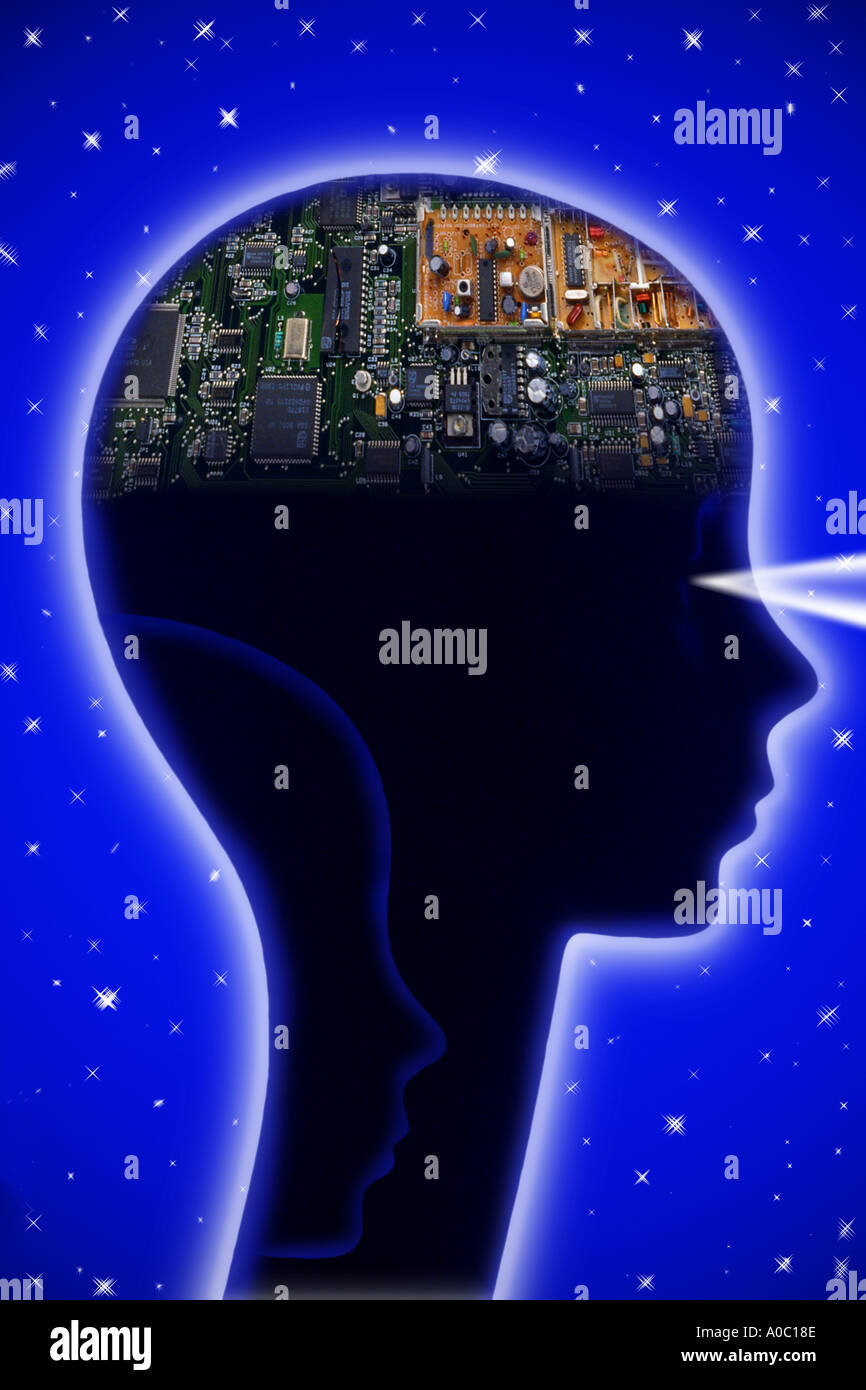 Futuristic head with computer hardware in brain Stock Photo - Alamy