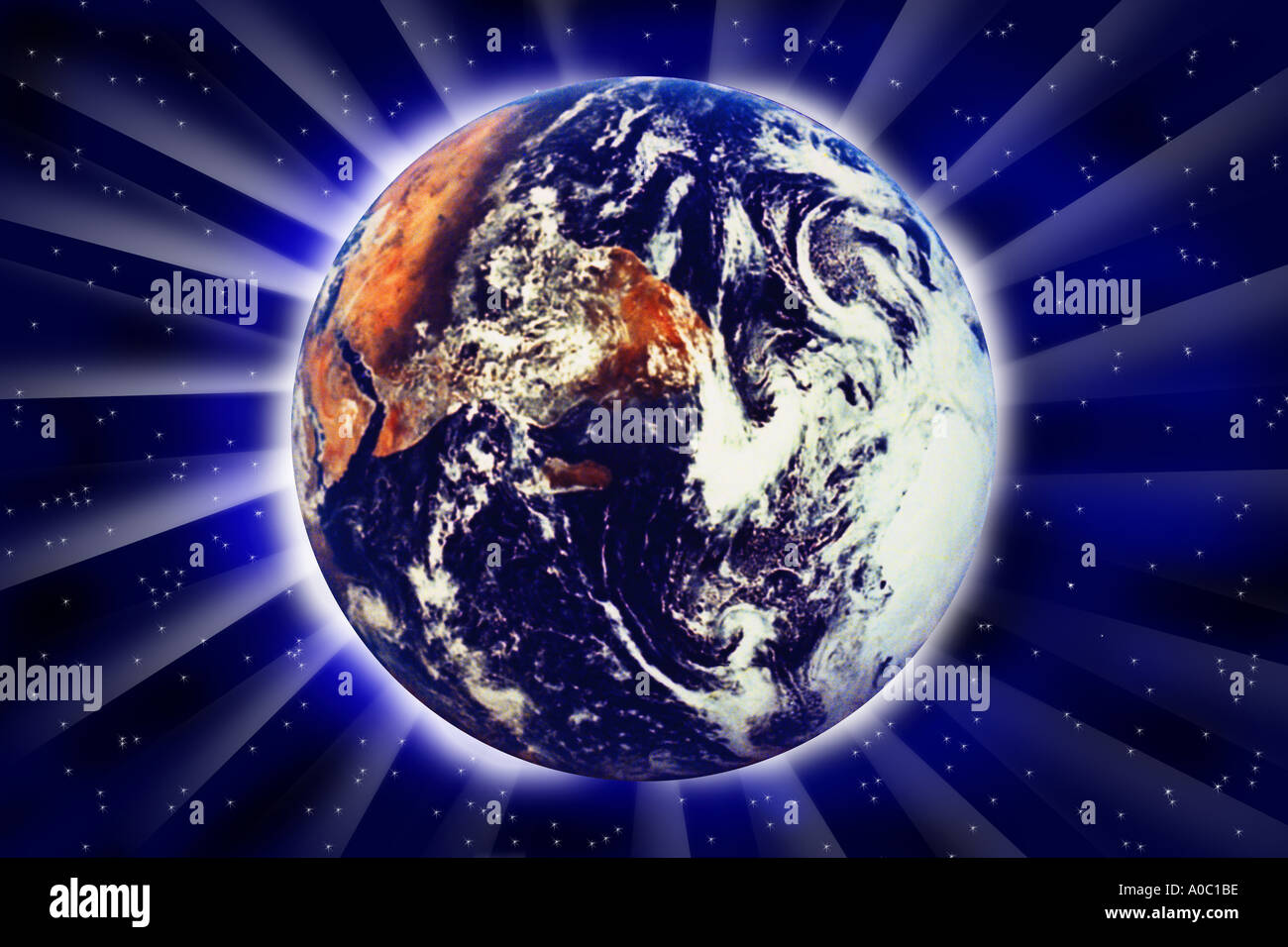 Earth in space with light beams Stock Photo - Alamy