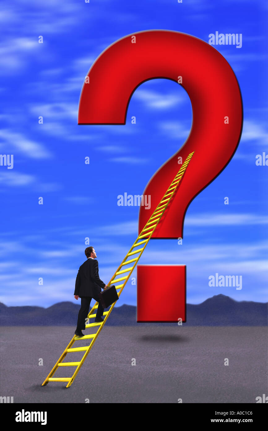Businessman climbing ladder to question mark Stock Photo - Alamy