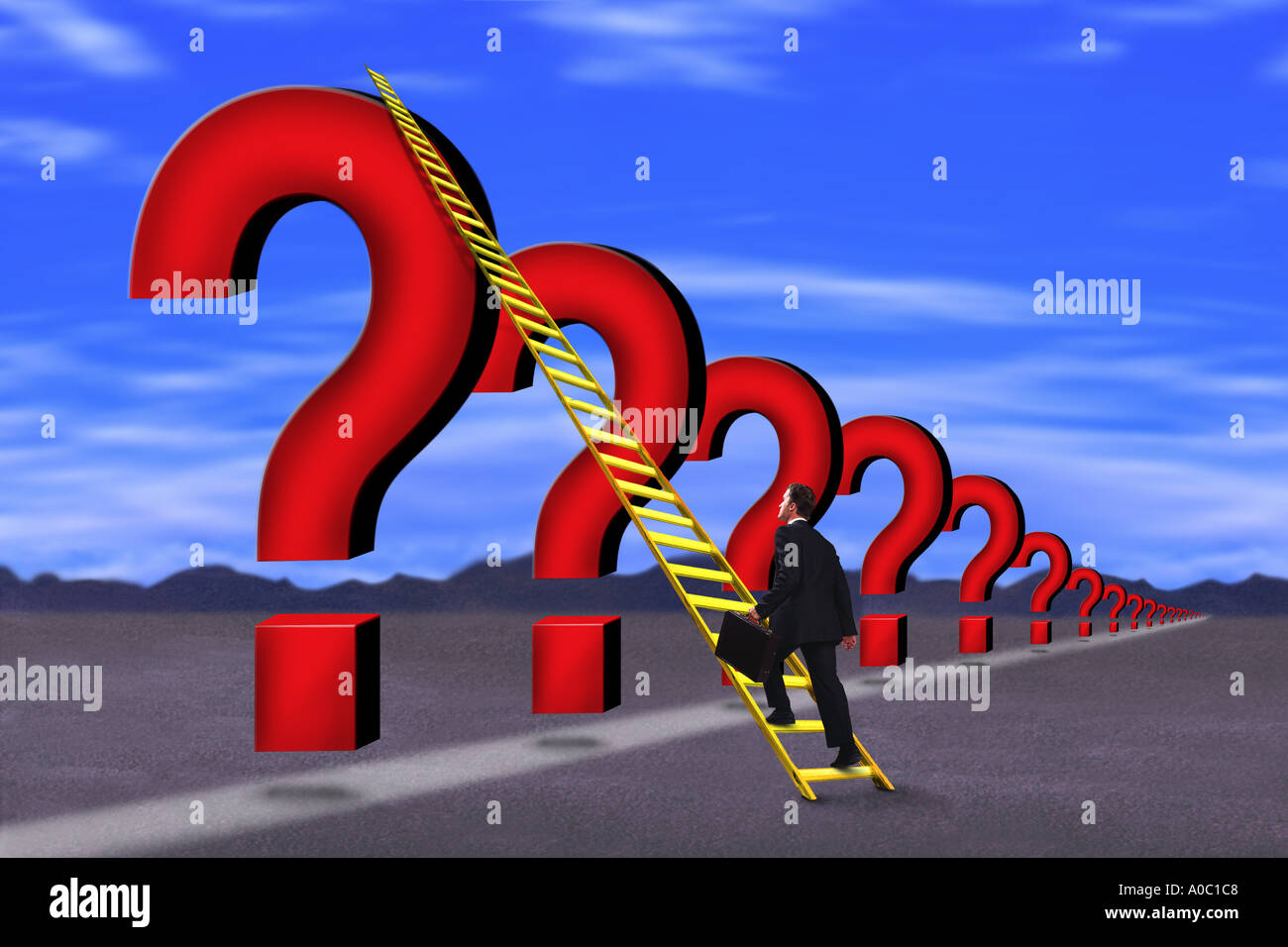 Businessman climbing ladder to question marks Stock Photo - Alamy
