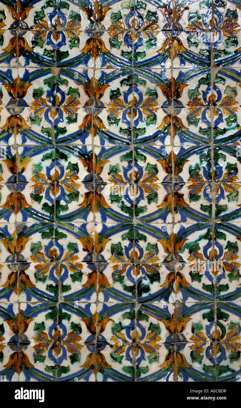 Moorish patterns on tiles in Alcazar former moorish fortress in Seville ...