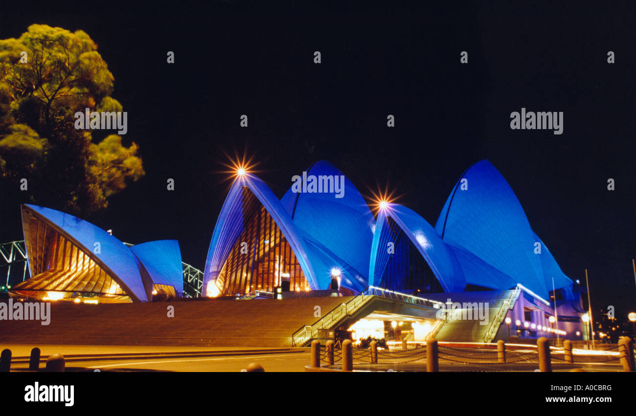 Just the Opera House at night floodlit in blue featuring the 6 sails ...