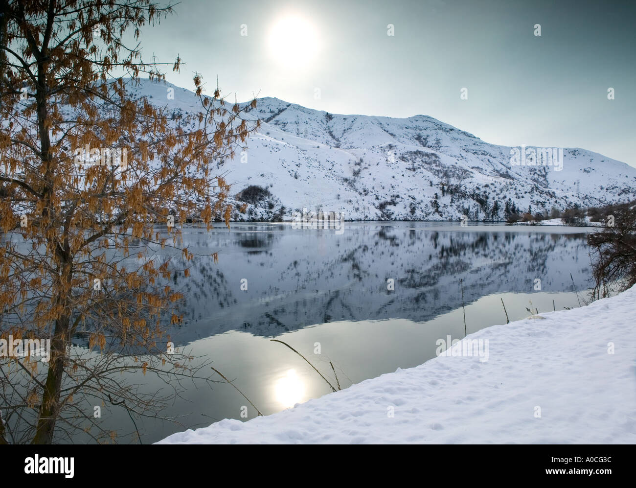 Snake River and snow with sun Oregon Stock Photo - Alamy