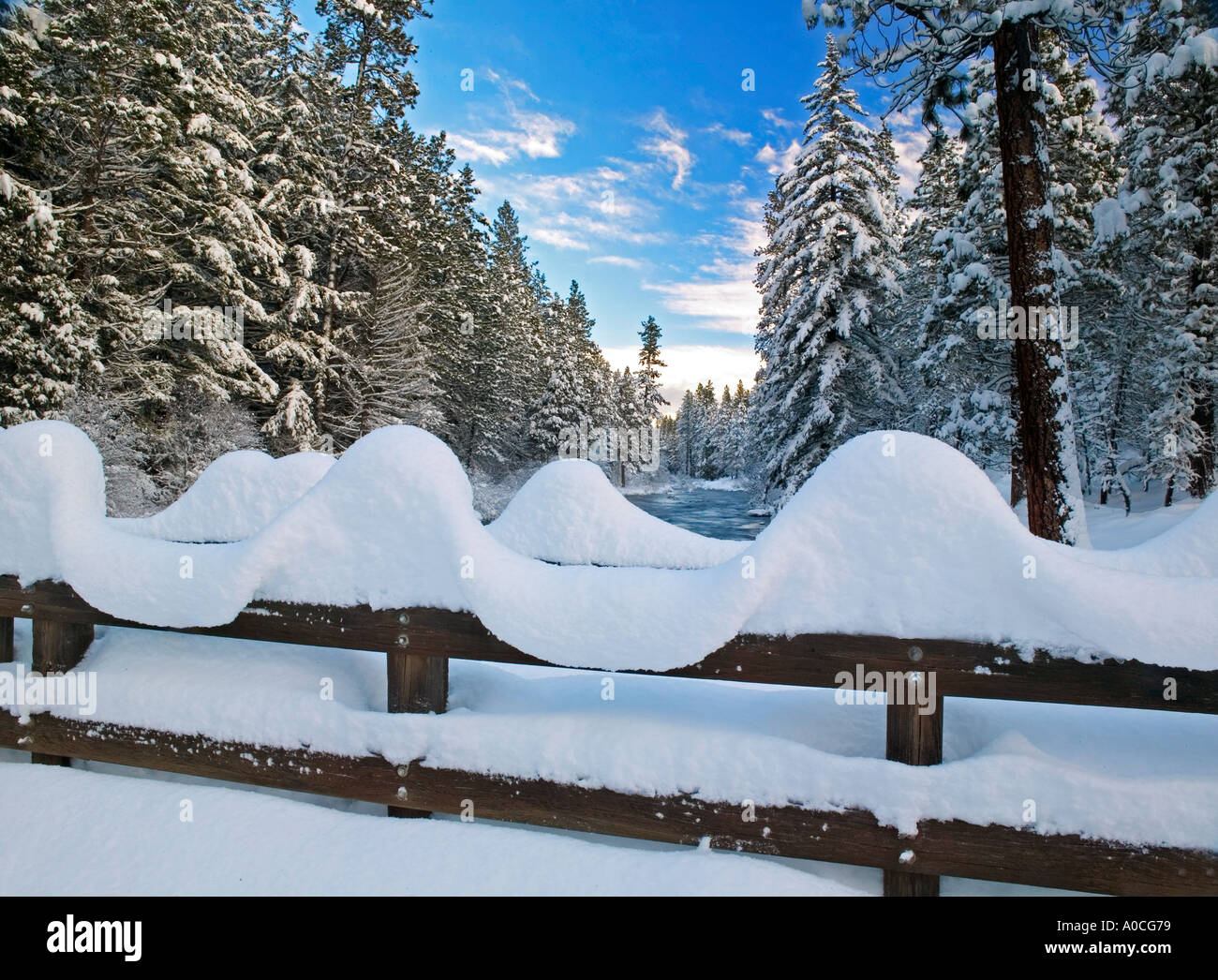 Snow pattern on rail of bridge at Wizard Falls Fish Hatchery Metolius ...