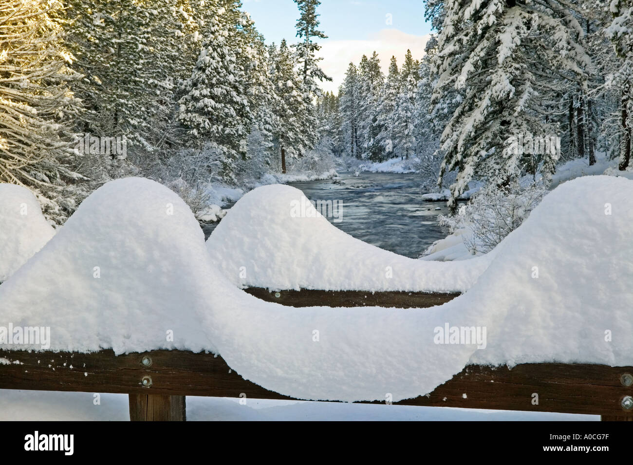 Snow pattern on rail of bridge at Wizard Falls Fish Hatchery Metolius ...