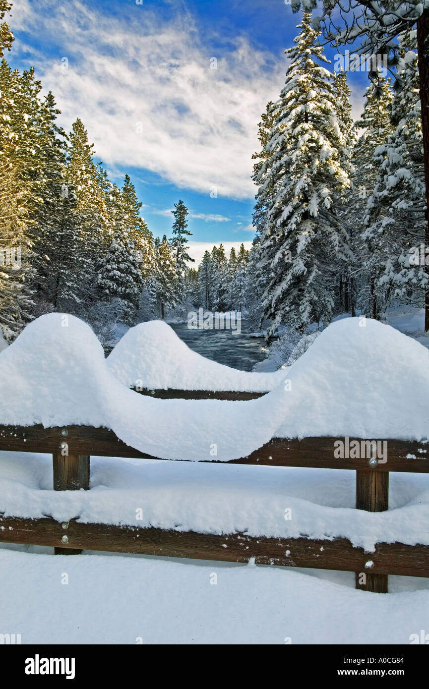 Snow pattern on rail of bridge at Wizard Falls Fish Hatchery Metolius ...