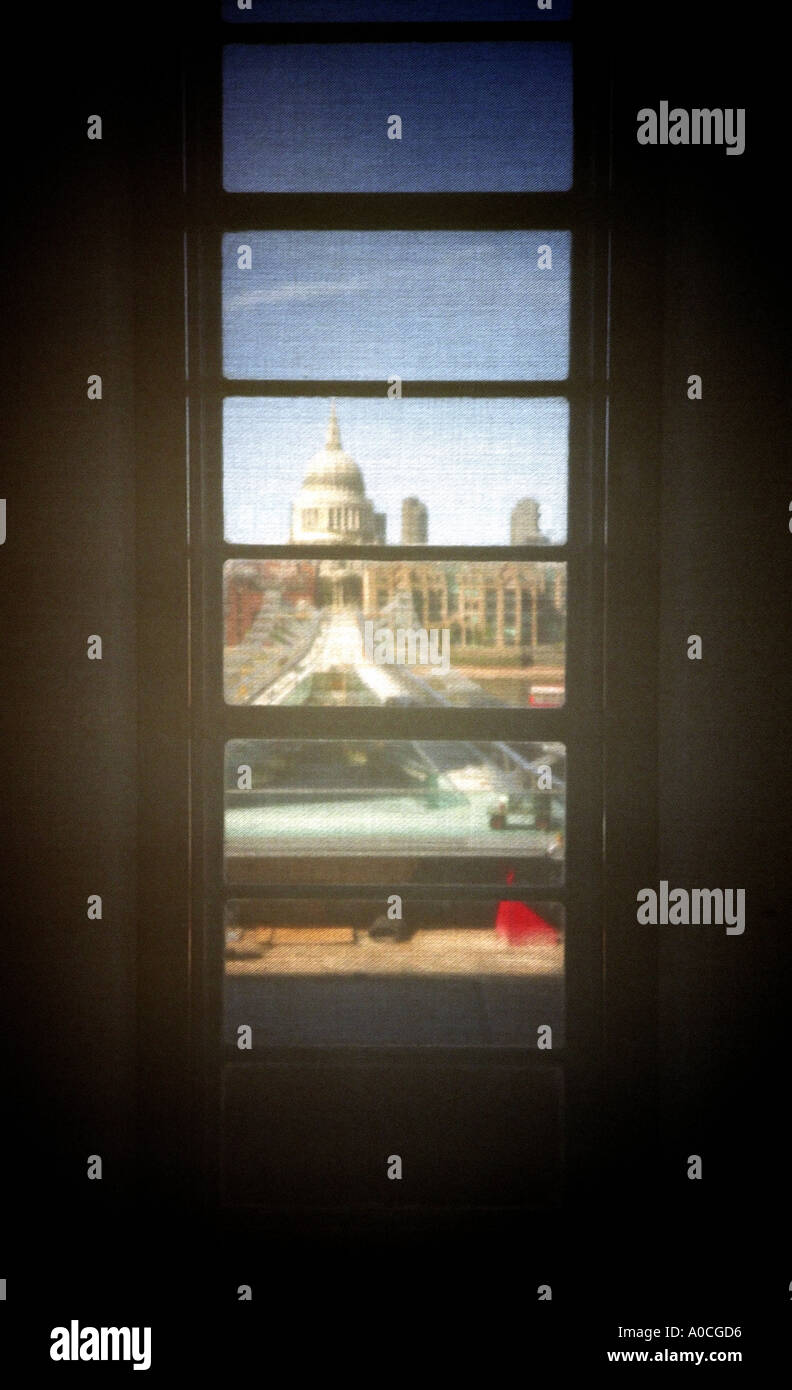 Looking through a netted window from the Tate Modern art gallery over ...
