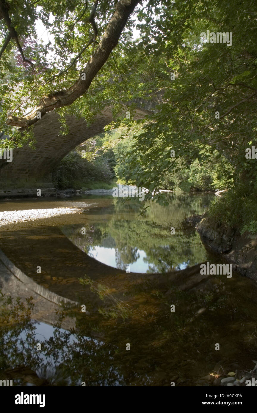 Reflections of bridge in river with overhanging trees Stock Photo - Alamy