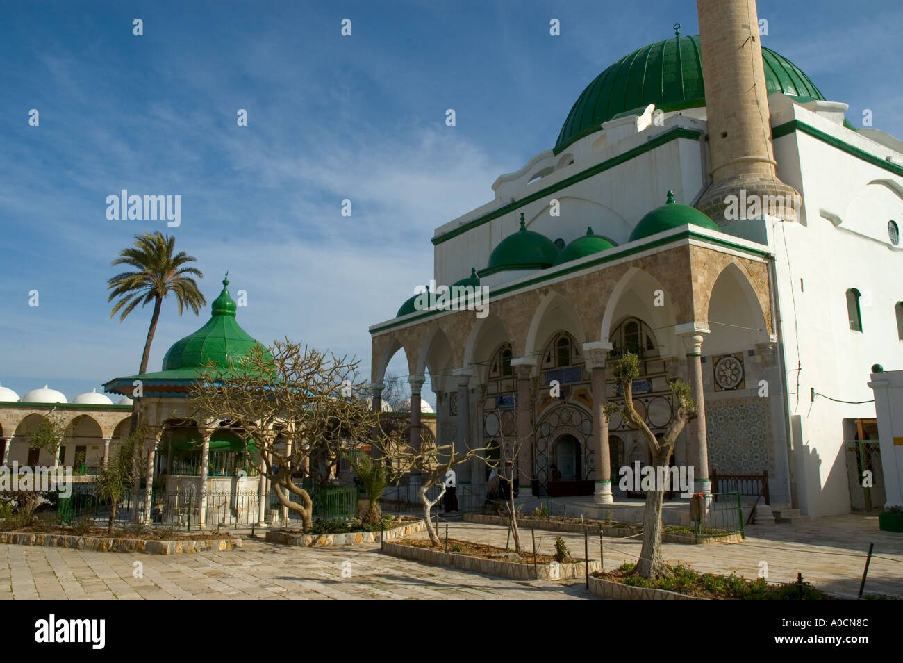 Israel Akko old city the El Jazzar mosque view with courtyard and palm ...