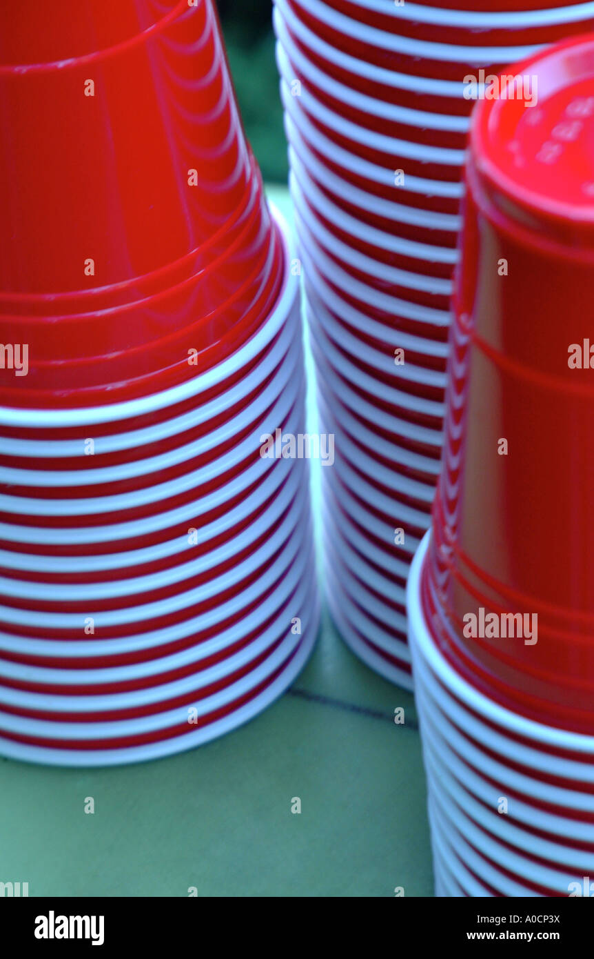 Stacks of red plastic drinking cups Stock Photo - Alamy