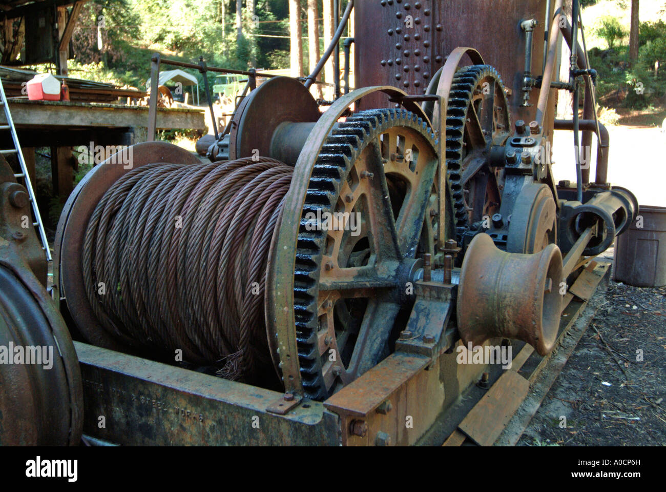 The heavy steel cable and drum from a 1905 Willamette steam donkey in ...