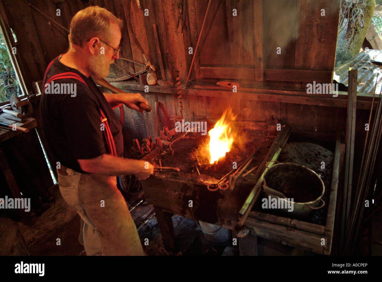 A blacksmith prepares the coal fed fire before working on a metal tool ...