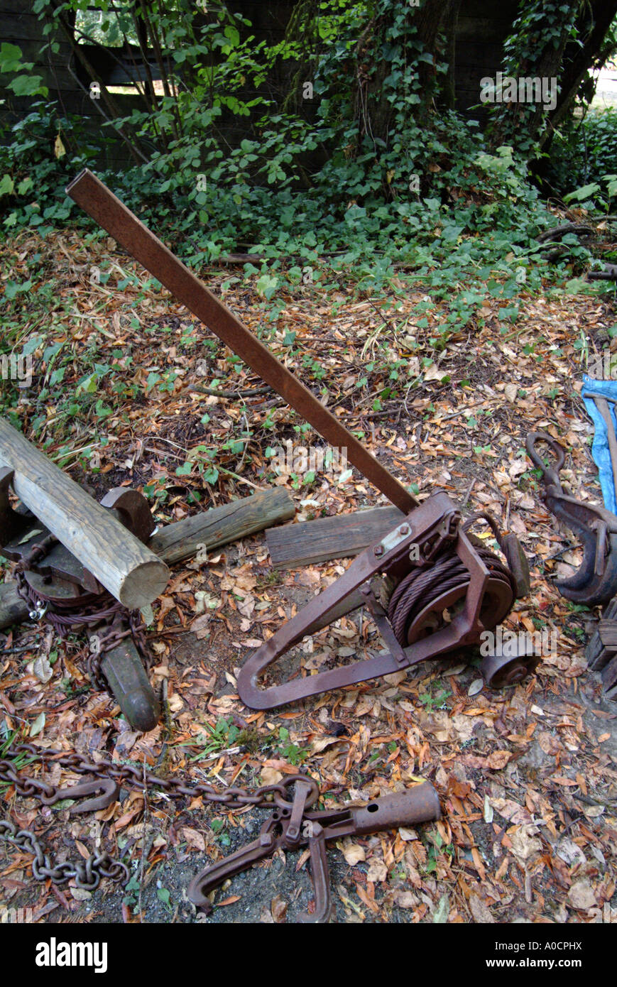 Antique stump puller on display at an old saw mill Stock Photo - Alamy