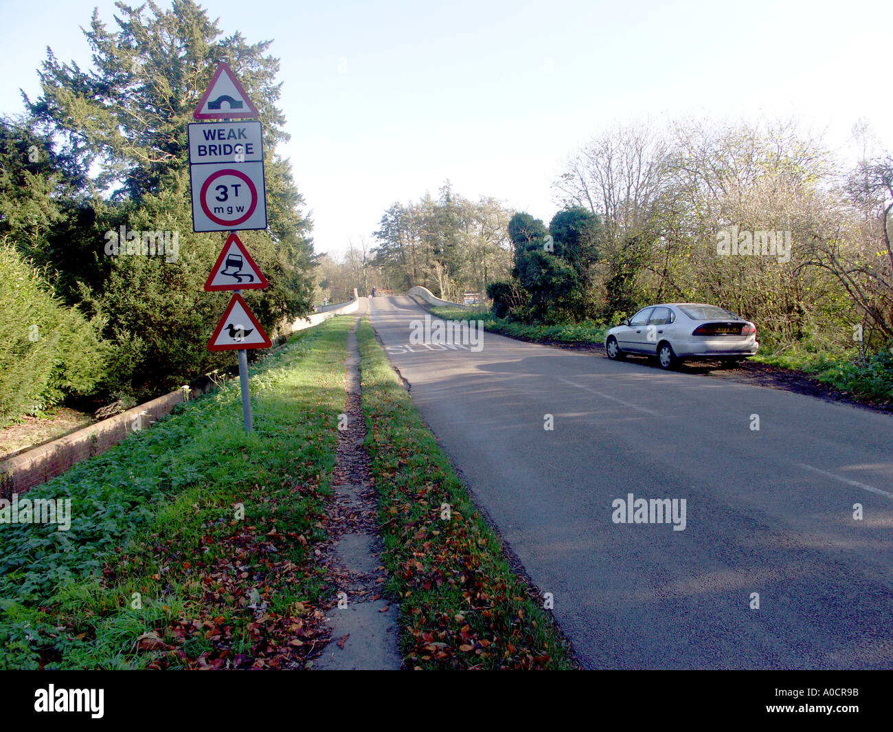 Road signs showing hazards encountered an English country lane Stock ...