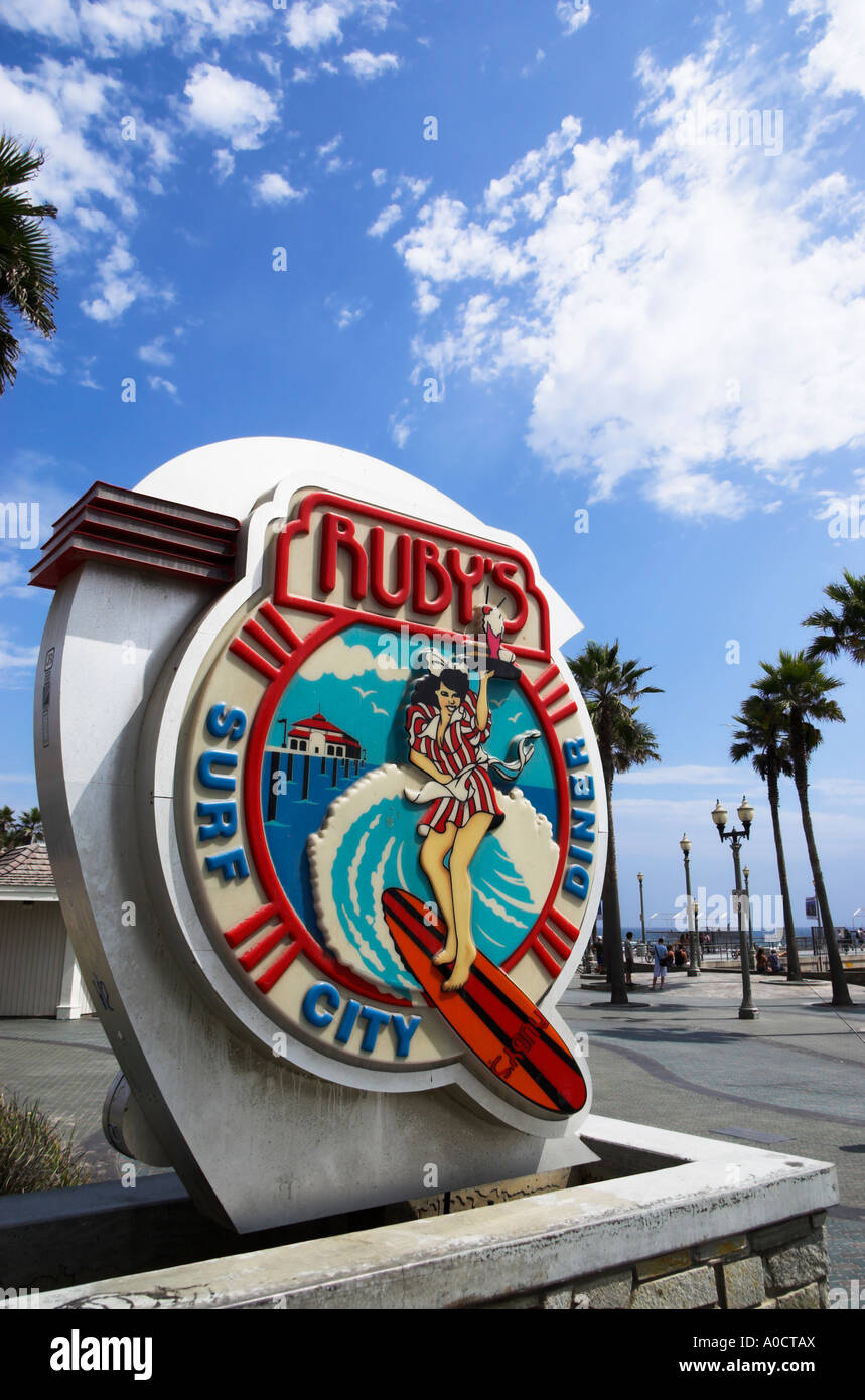 Ruby's Surf City Diner sign at Pier Plaza on Main St., Huntington Beach ...