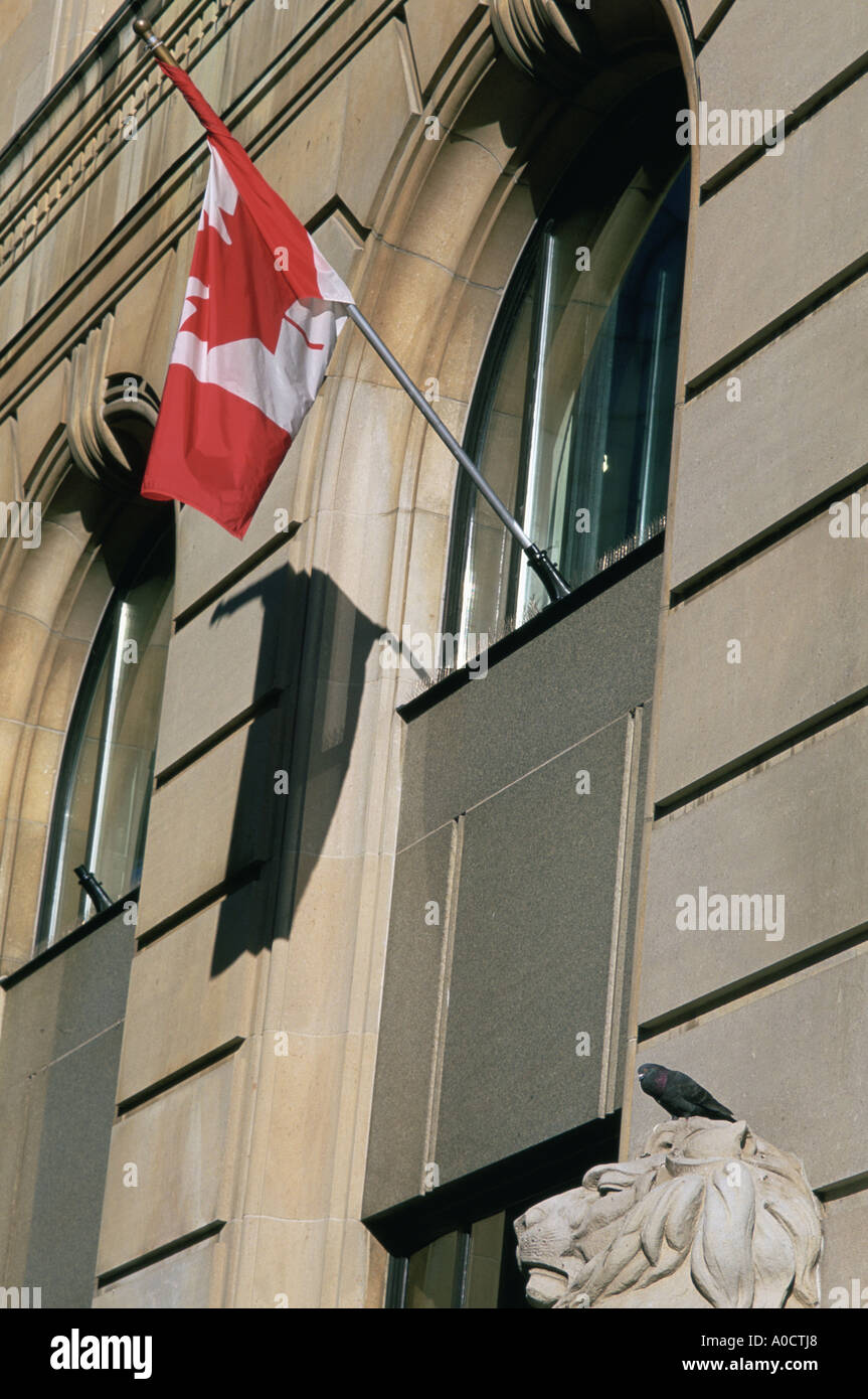 A Canadian flag and a sculpture of a lion with a pigeon on his head in ...
