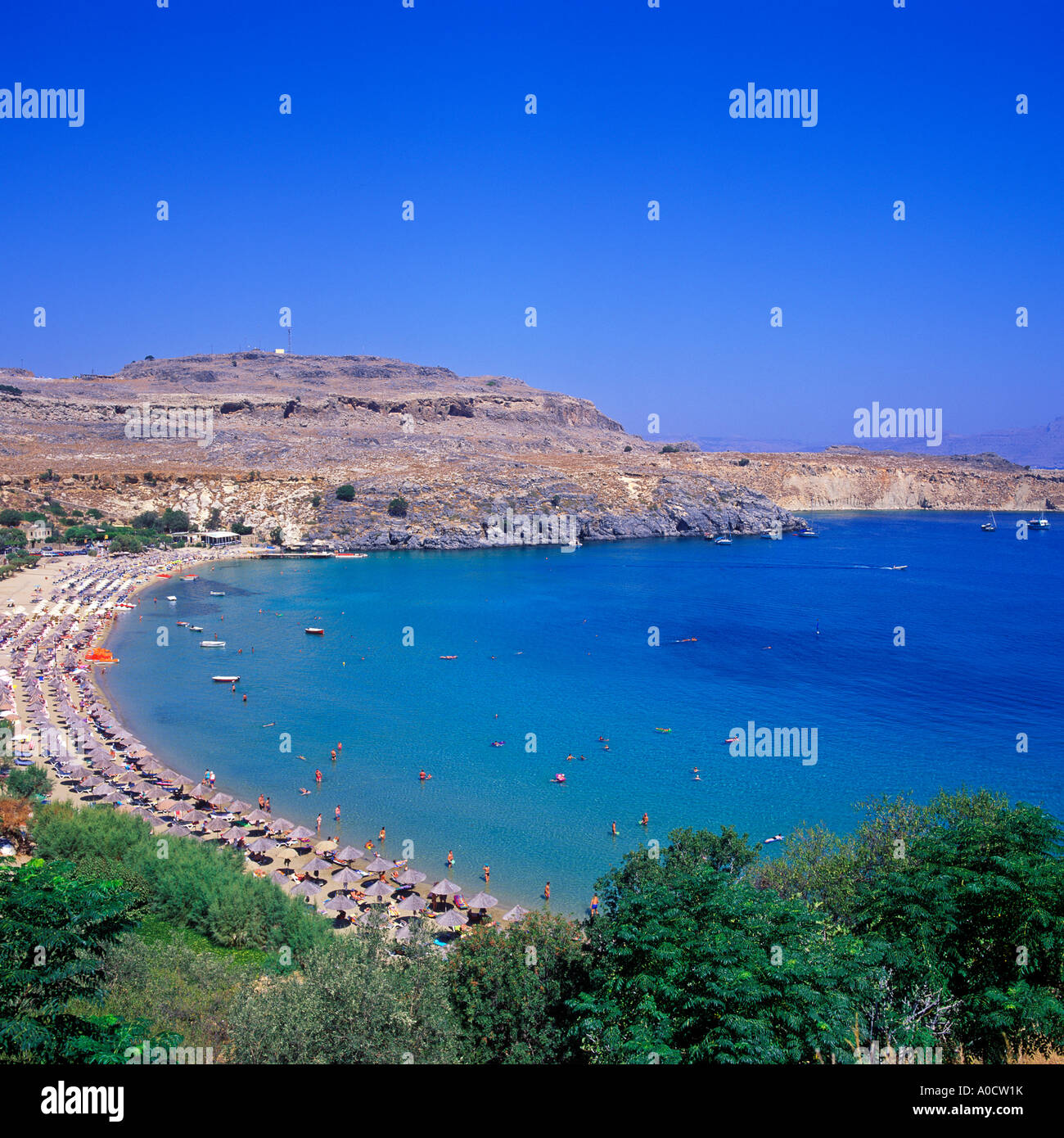VIEW OVER MAIN BEACH LINDOS RHODES Stock Photo - Alamy