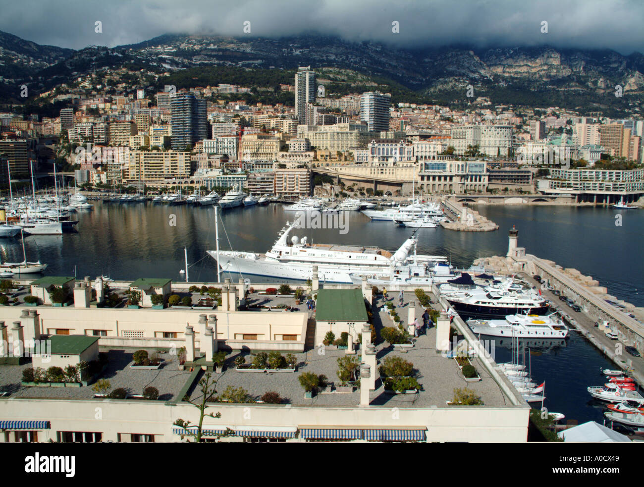 looking across large roof terraces to the harbour in monaco Stock Photo ...