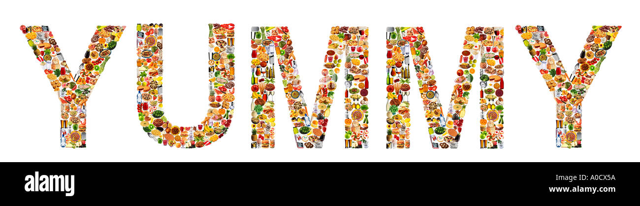 FOODFONT LETTER ON WHITE YUMMY Stock Photo - Alamy